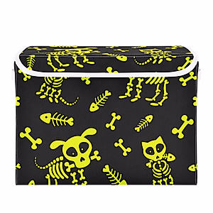 DOMIKING Halloween Skeleton Storage Basket with Lid Collapsible Storage Bins Decorative Lidded Storage Boxes for Toys Organizers with Handles for Clothes Books Nursery Office