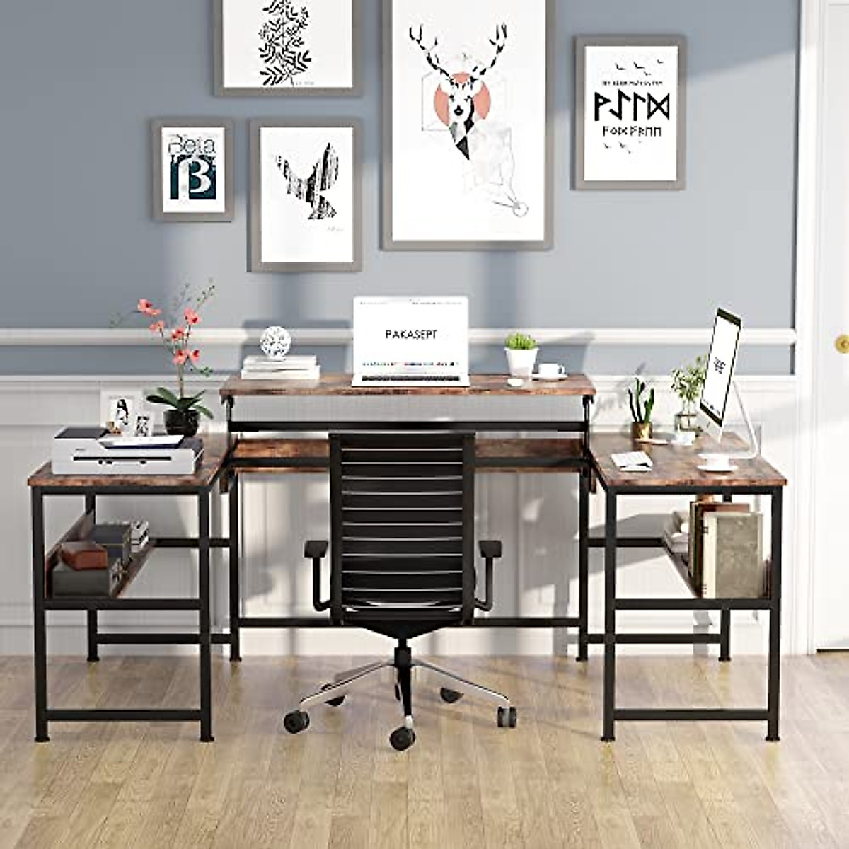 PAKASEPT U- Shaped Desk with Lift Top, Sit to Stand L Shaped Computer Desk, Height Adjustable Standing Desk with Storage Shelves and 3 Desktop for Home Office