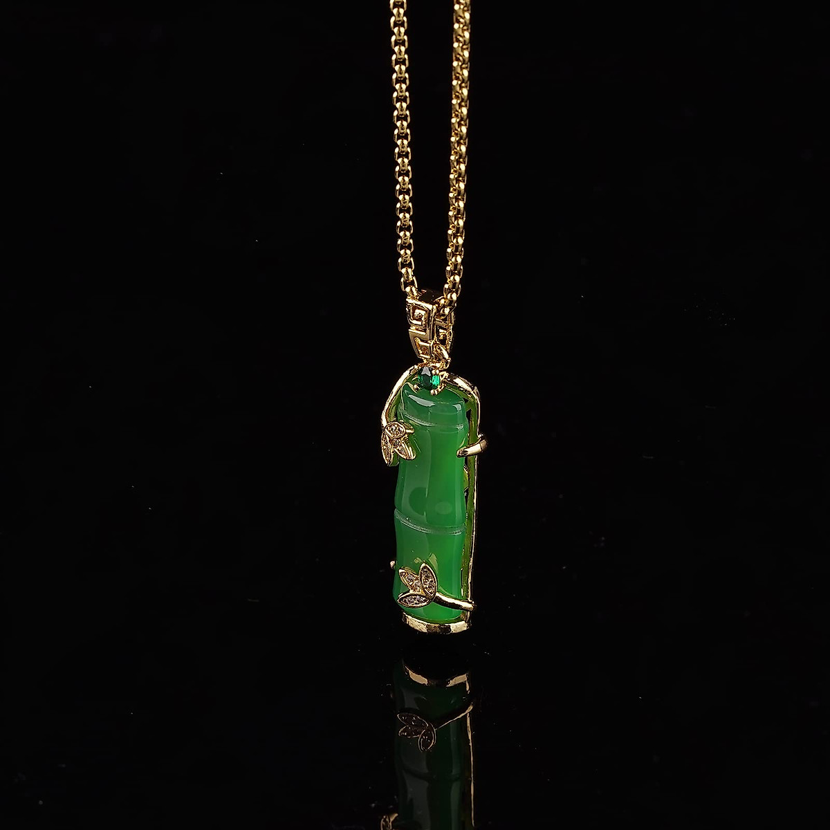 TIKCAUZ Bamboo Necklace Green Jade Lucky Bamboo Pendant with 18K Gold Plated Chain Buddha Necklace Jewelry for Women Men