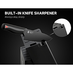 ASETY Knife Set, 15 PCS Kitchen knife Set with Bulti-in Sharpener Block, Stainless Steel Knife Block Set, Dishwasher Safe Knives Sets for Kitchen, Black, Elegant Box