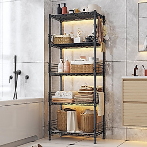 REIBII 5-Tier Storage Shelves Wire Shelving Unit with Side Blockers Adjustable Metal Shelves for Storage Rack with 5 Hooks & Shelf Liners Metal Shelving for Small Space, Kitchen Bathroom Closet Pantry