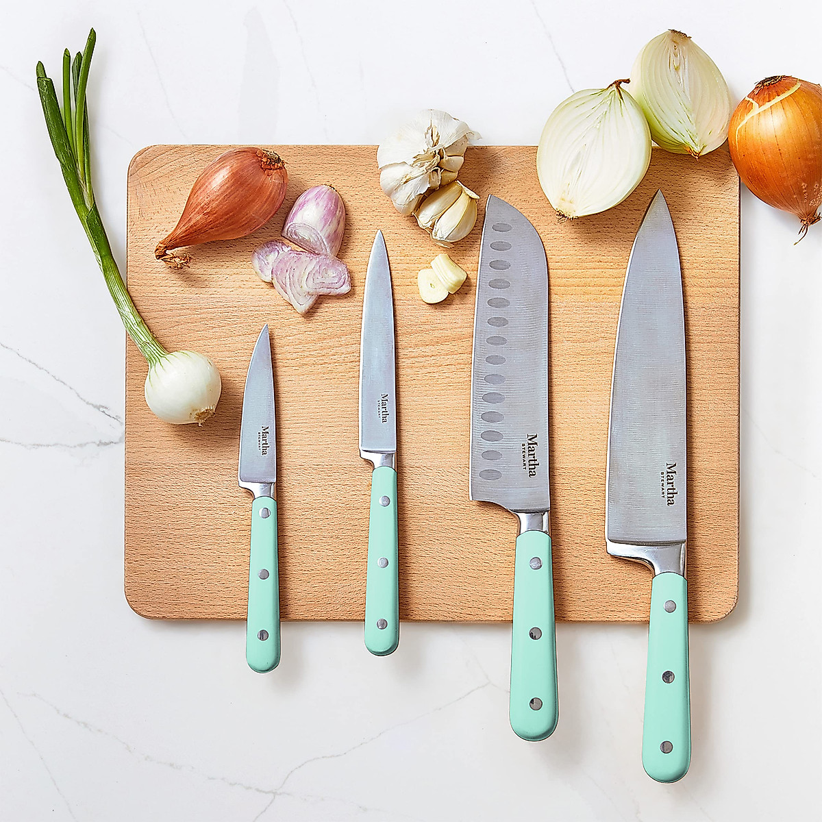 MARTHA STEWART Eastwalk 14 Piece High Carbon Stainless Steel Cutlery Knife Block Set w/ABS Triple Riveted Forged Handle Acacia Wood Block - Martha Blue