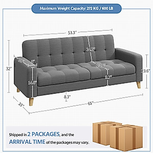 Yaheetech 2-Seater Fabric Sofa Loveseat with USB Ports Mid-Century Modern 65? W Couch Sofa with Solid Wood Legs for Living Room Apartment Bedroom Office Dark Gray