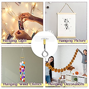 Yinkin 10 Pcs Command Ceiling Hooks Self Adhesive Stainless Steel Eye Hooks No Hole Hanger Transparent Waterproof Seamless Oilproof Wall Hooks 10lb (max) for Hanging Plant Lights