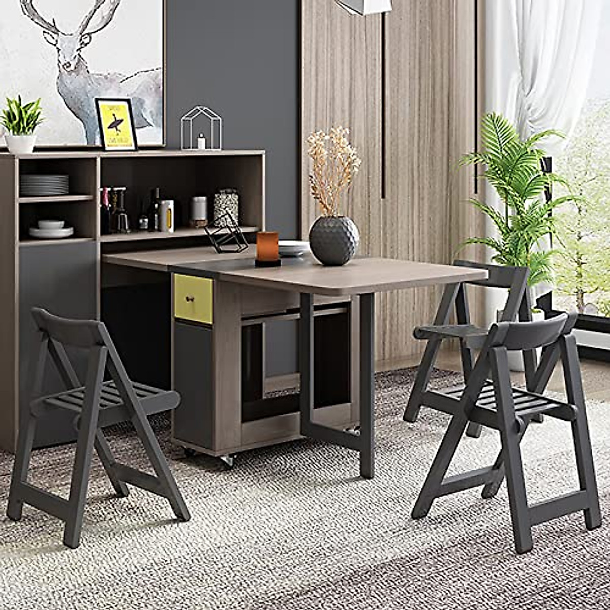 FUNROLUX Folding Dining Table with Storage Rack and 2 Drawers, Movable Kitchen Table Extendable Versatile Table Space Saving Foldable in 3 Forms (Grey)