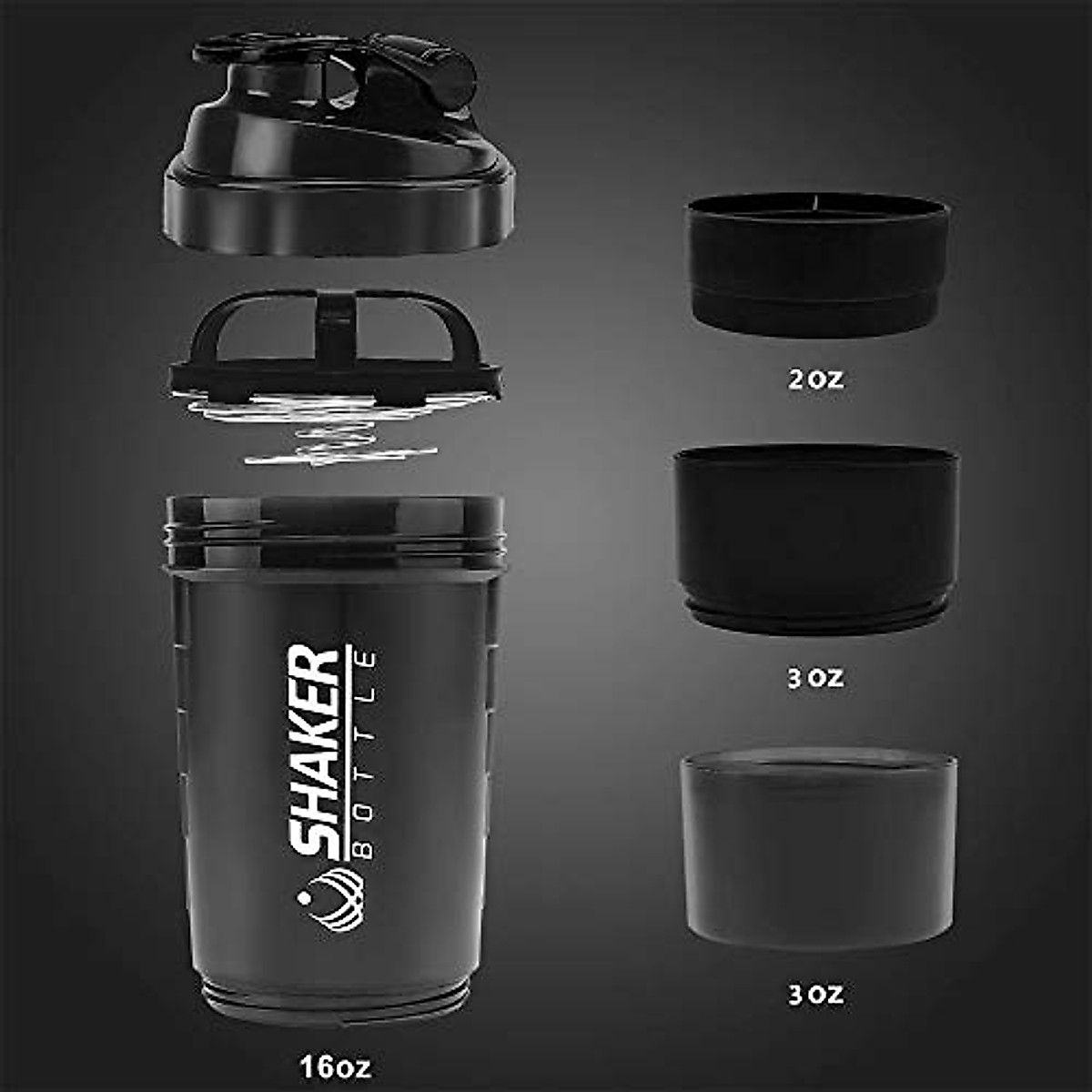 VIGIND Protein Shaker Bottle,Sports Water Bottle,Leak Proof Shake Bottle For Protein Mixer- Non Slip 3 Layer Twist Off 3oz Cups with Pill Tray - Protein Powder 16 oz Shake Cup with Storage,Black