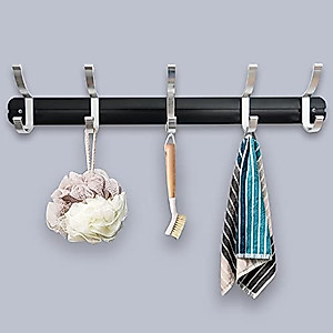 NOZVYCI Wall Mounted Coat Rack Hook with 5 Sliding Hooks Movable Coat Hooks Rack Double Hooks 30kg Load Capacity Stainless Steel Hooks Rail for Hanging Jacket,Backpack,Clothes(Matte Black+Silver)