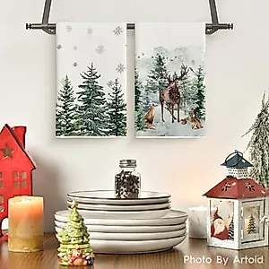 Artoid Mode Elk Trees Snow Hello Winter Kitchen Towels Dish Towels, 18x26 Inch Seasonal Christmas Decoration Hand Towels Set of 2