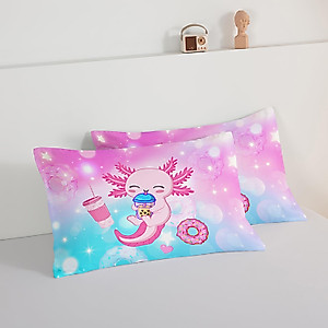 HOSIMA Axolotl Twin Comforter Set Cute Animal Bedding Room Decor for Teen Girls Dessert Milk Tea Donut Bed Princess Toddler Bedding Set Fantasy Blue Purple Twin Bed in a Bag Sets for Adults Teens.