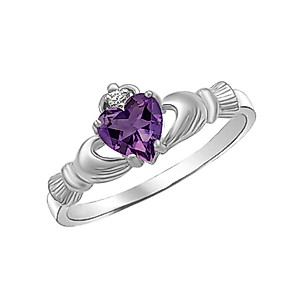 Jewel Zone US Heart Cut Simulated Amethyst & Cubic Zirconia Claddagh Ring In 14k White Gold Over Sterling Silver Jewelry Gift For Her Ring Size-8.5