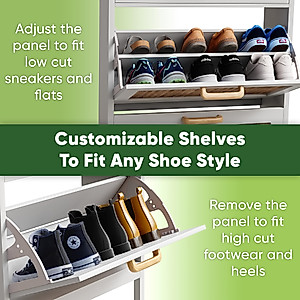 CleverHome Wood Hidden Shoe Rack - Narrow Shoe Cabinet with Drawer, 2 Tilting Shoe Organizer & Shelf - Rattan Shoe Storage Cabinet for Entryway, Nonslip Shoe Dresser- Bundle Below w/Improved Screws