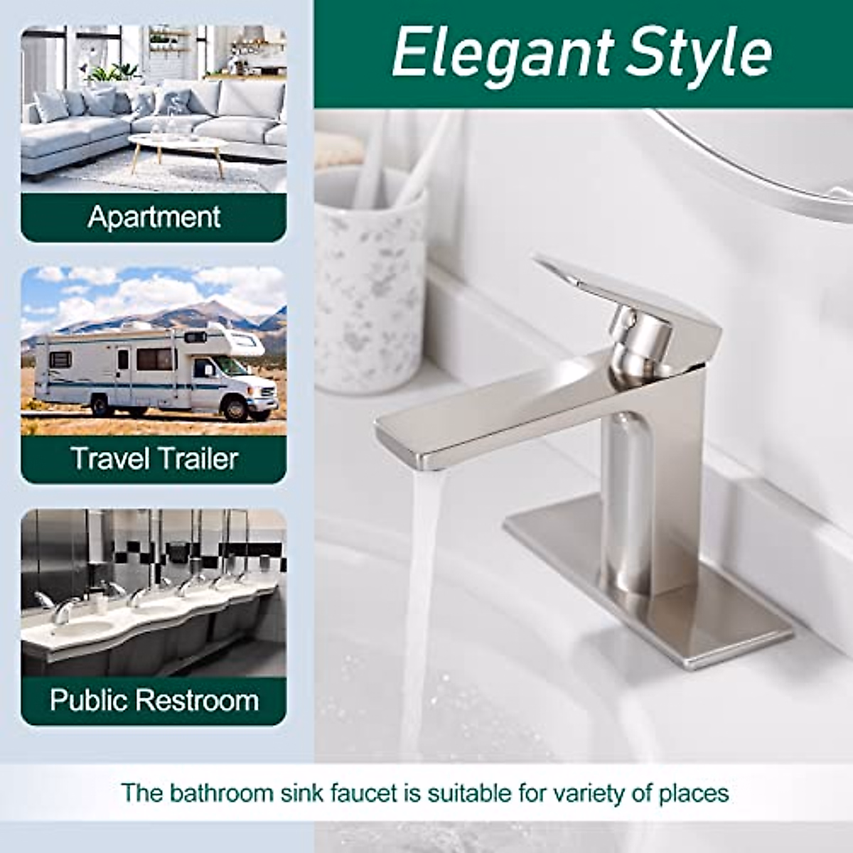VOTON Bathroom Faucet Brushed Nickel Single Handle Bathroom Faucet 1 or 3 Hole Bathroom Sink Faucet with Deck Plate RV Bathroom Faucet 1.2 GPM