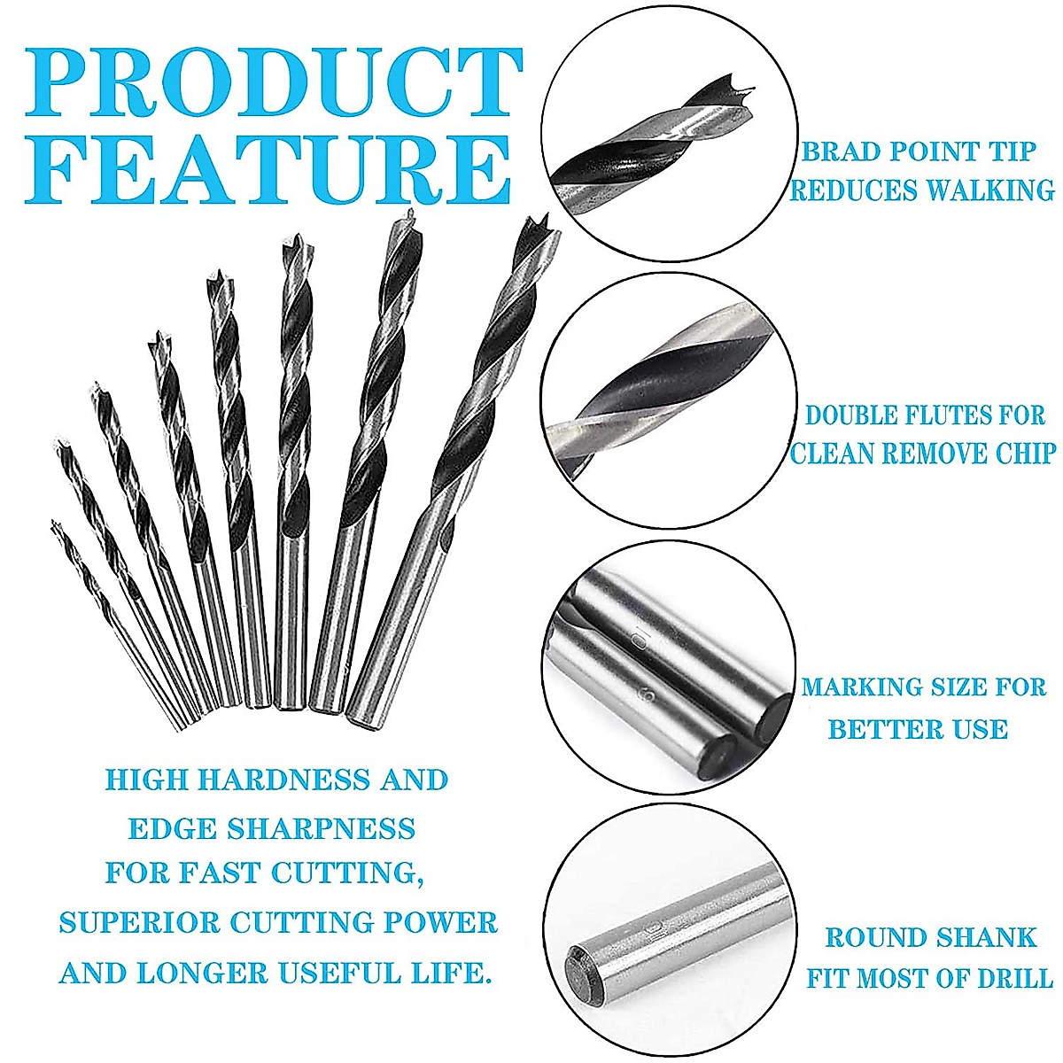 8PCS Brad Point Drill Bits, 3-10mm Spiral Twist Wood Drill Bits Set for Woodworking, Softwood and Laminated Wood MDF