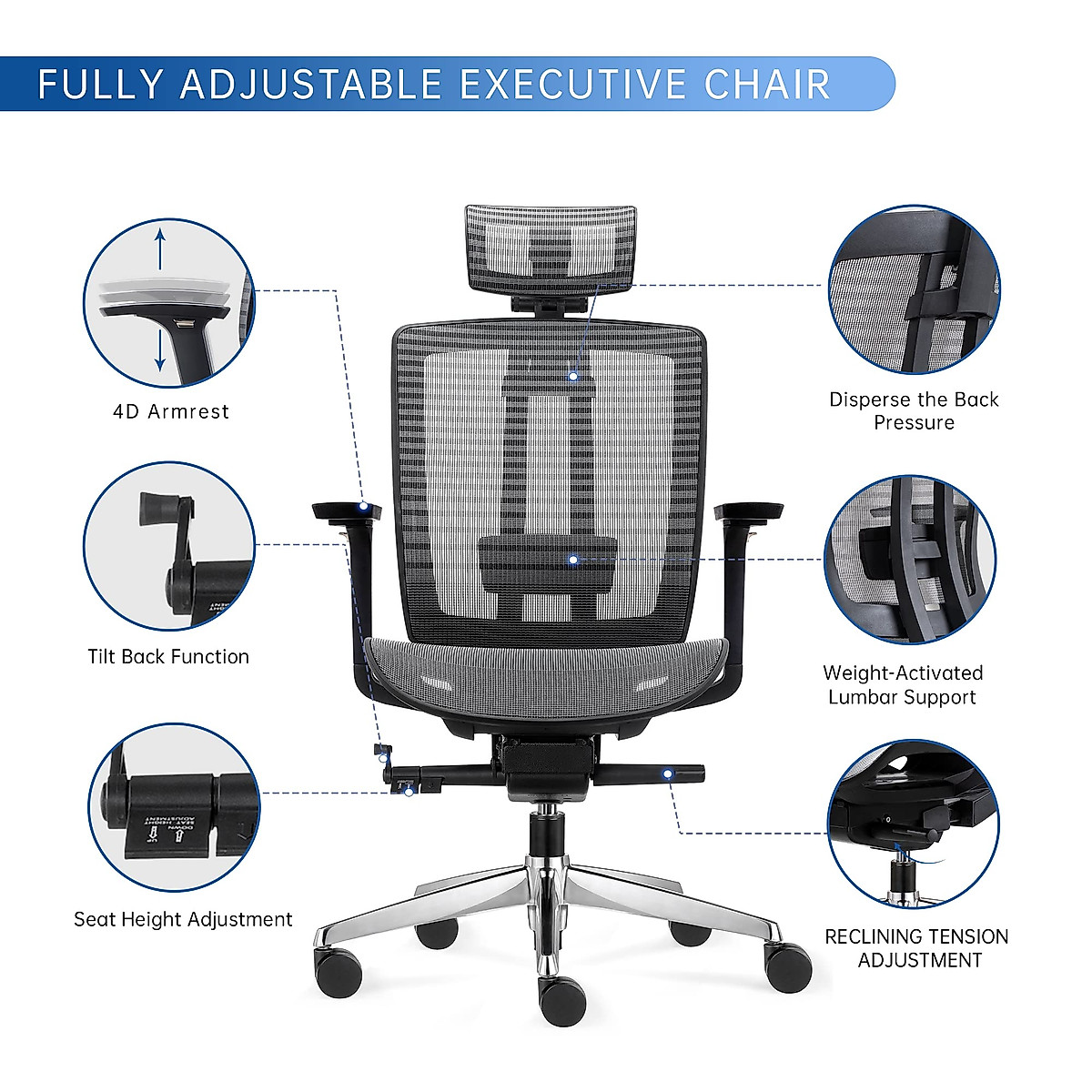 Ergonomic Office Chair with Adjustable 4D Armrest Headrest & Lumbar Support, High Back Mesh Computer Chair for Home and Office