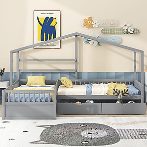 House Bed Double Twin Beds, Wood L-Shaped 2 Twin Platform Beds with 3 Storage Drawers,Montessori Bed with Roof ,Fence and Slatted Design, Corner Playhouse Bed Frame for Kids Girls Boys ,Grey