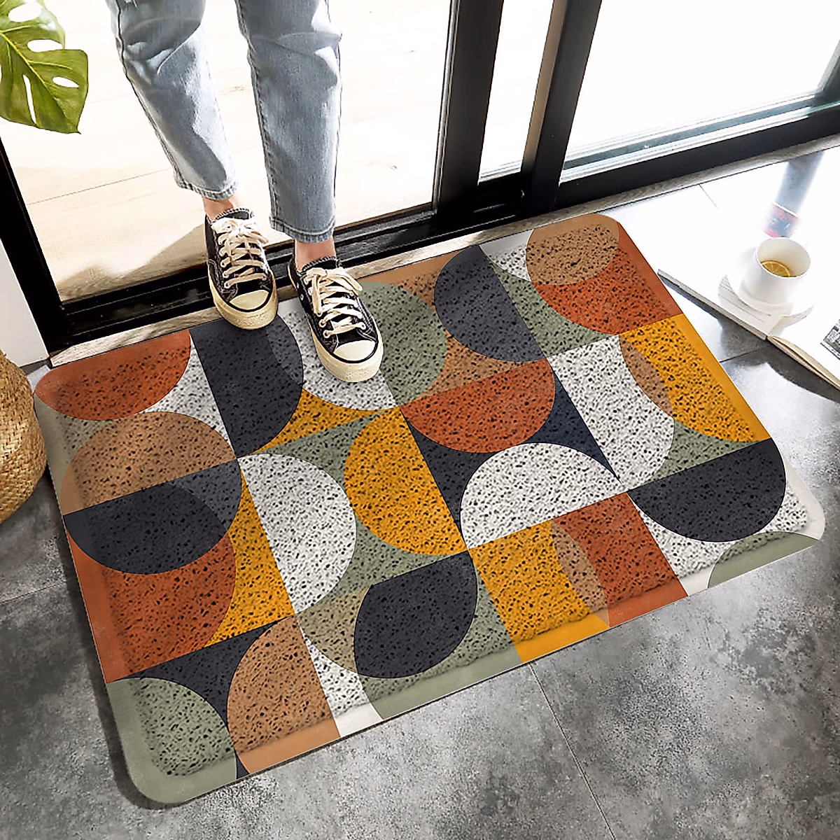 Fantasy Staring Mid Century Modern Outdoor Indoor Entrance Doormat Retro Orange Yellow Green Abstract Geometry Front Welcome Door Mats Inside Outside Rugs, Waterproof Non Slip and Durable 24" x 35"