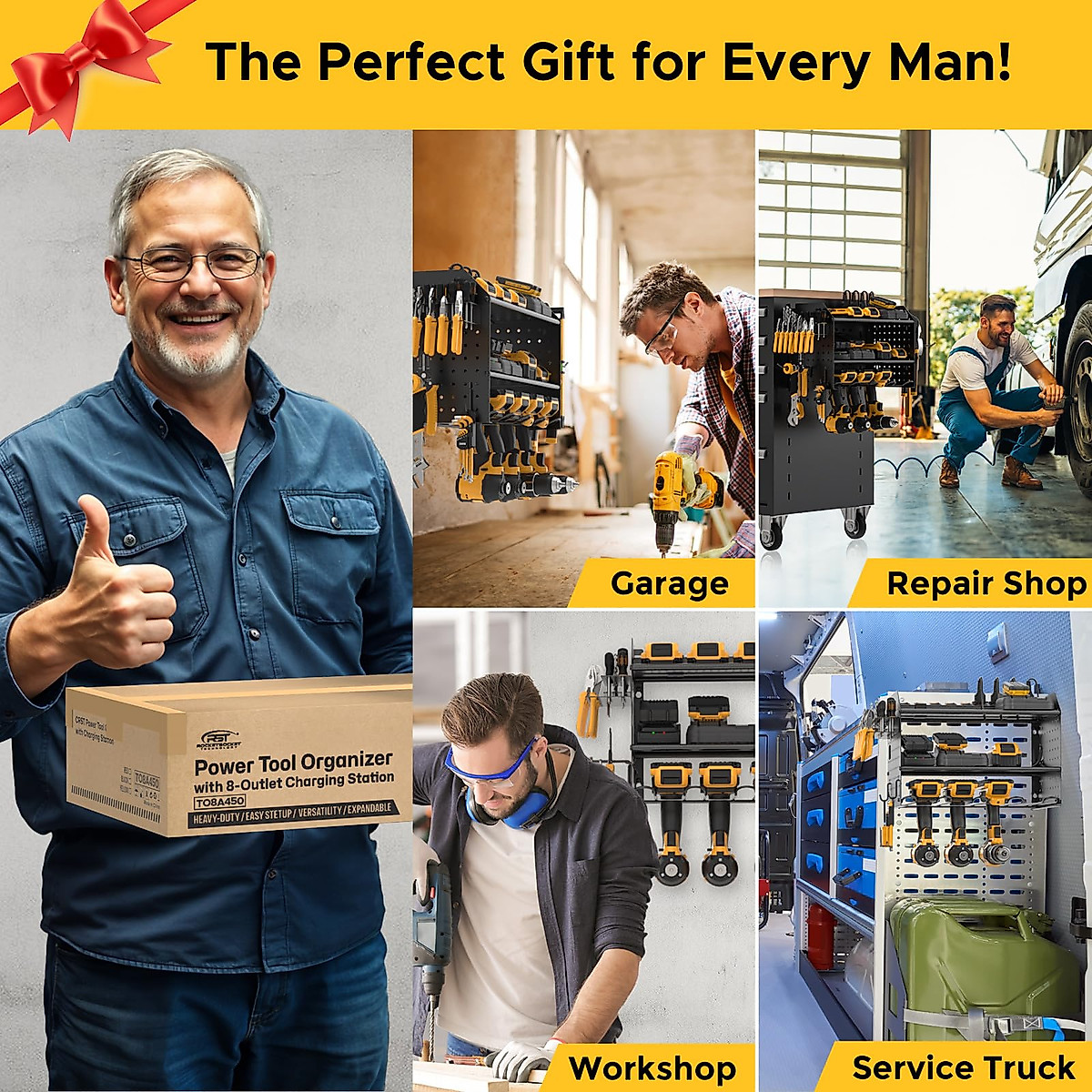 CRST Power Tool Organizer Wall Mount with Individual Switched Power Strip, Cordless Drill Holder with Charging Station, Modular Garage Organization Storage Rack Shelf, Pegboard, Gift for Man (Black)