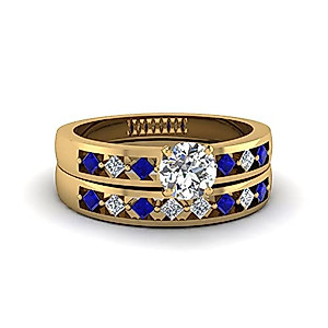 CustomizedGifts Kite Diamond Ring Setting With Matching Band yellow gold plated Created Blue Sapphire Round shape Blue color Wedding Ring Sets prong Setting in Size 8 Fashion Jewelry