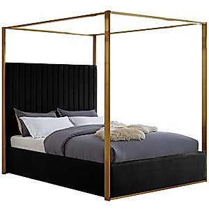 Meridian Furniture JonesBlack-K Jones Collection Modern | Contemporary Upholstered King Bed, Black Velvet, Channel Tufting, Brushed Brass Frame, 82.5" W x 86.5" D x 79" H, Black, King