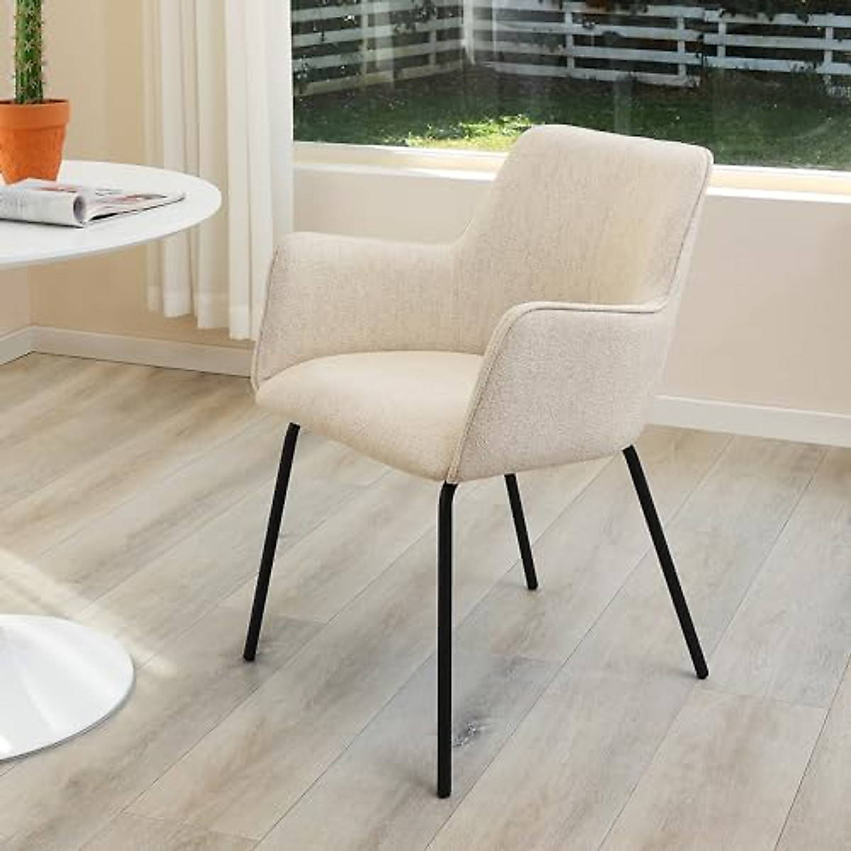 ONEVOG Beige Dining Chairs Set of 2, Kitchen Dining Room Chair with Curved Back Support, Upholstered Fabric Kitchen Chairs for Small Space, Black Metal Legs Dining Chairs