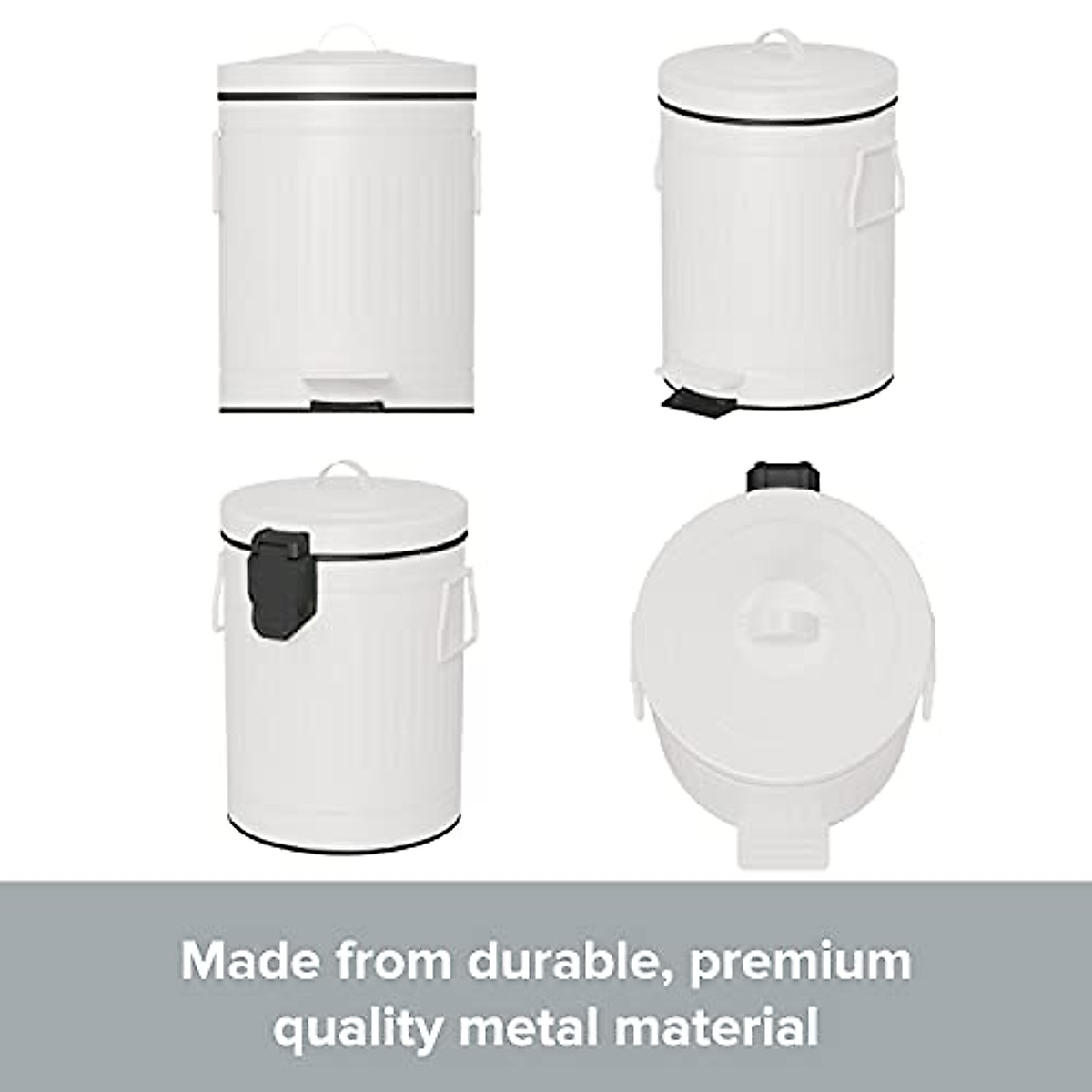 Retro Trash Can with Lid - 12L/3.2 Gal Step Trash Can w/ Soft Closing Lid - Round Garbage Can w/ Handles - Touchless Trash Can w/ Removable Garbage Guard Bucket - Outdoor Garbage Bin - Large Trash Can, White