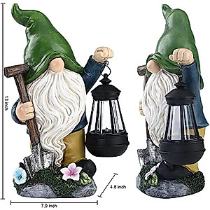 Aismio Garden Gnome Statue with Solar Lights, Large Garden Statue and Sculpture with Lantern, Funny Resin Gnome Garden Figurines for Outdoor Patio Lawn Yard Decor 13 inch Ornament Gift(Shovel)