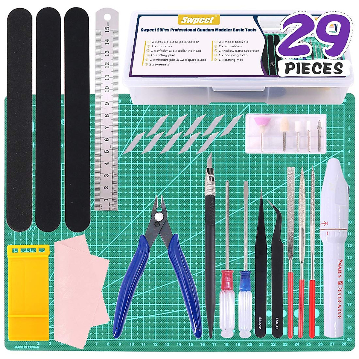 Swpeet 29Pcs Compatible for Gundam Modeler Basic Tools with Duty Plastic Container, Professional Kit Replacement for Gundam Model Tools Building Beginner Hobby Model Assemble Building