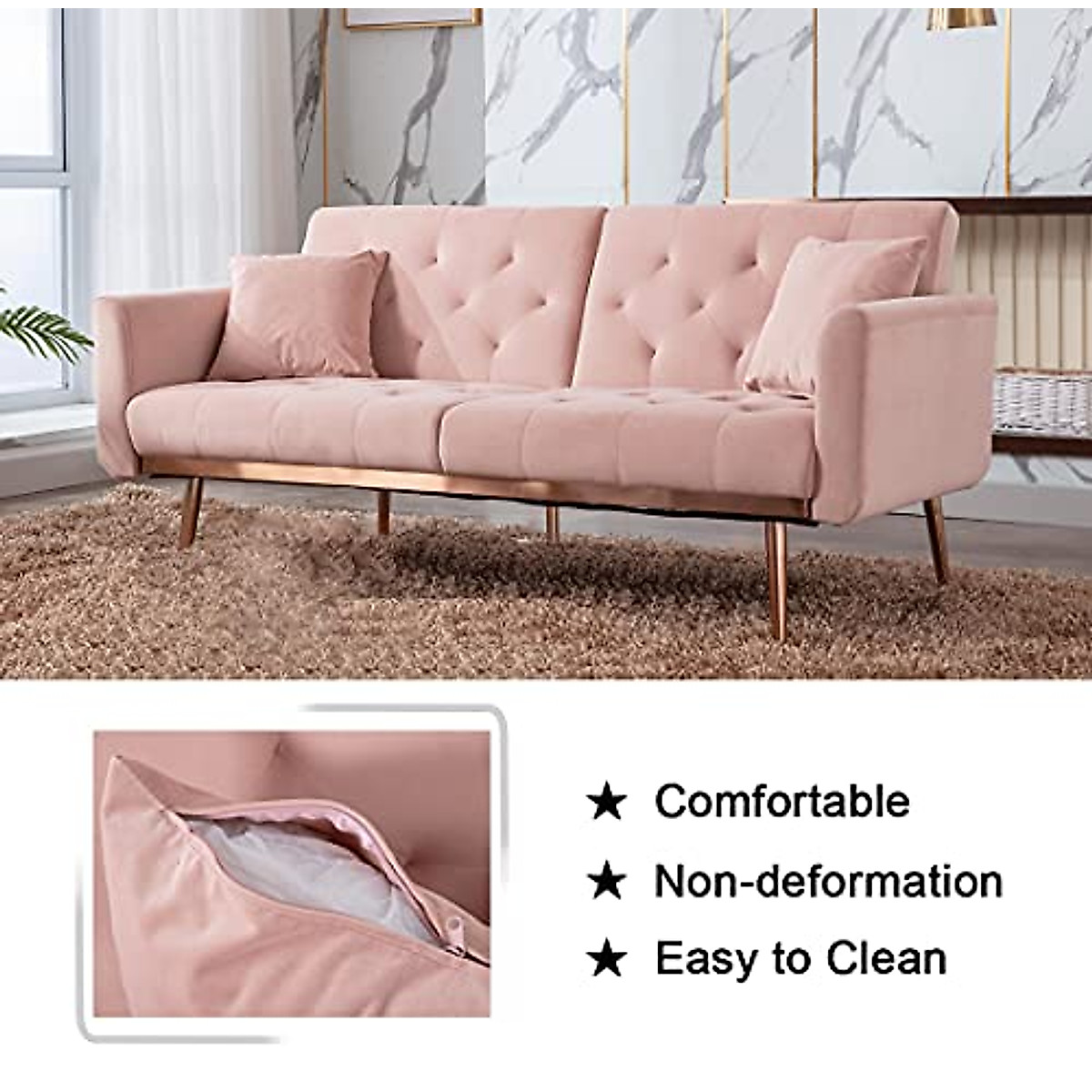 SLEERWAY Velvet Futon Sofa Bed with 5 Golden Metal Legs, Sleeper Sofa Couch with Two Pillows, Convertible Loveseat for Living Room and Bedroom, Pink