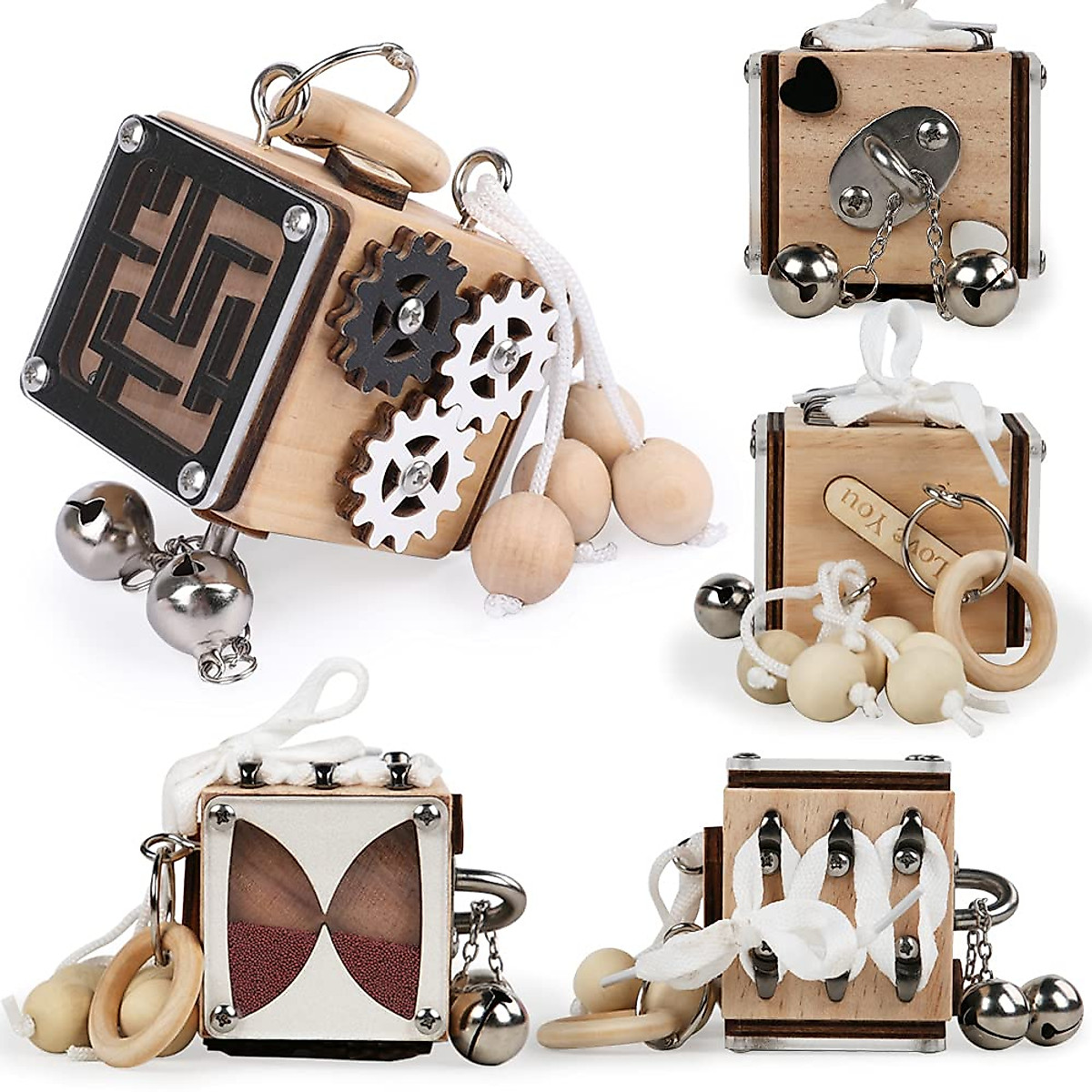 FIMIJORY Busy Cube for Toddlers 1-3 Year Old, Wooden Travel Toys for Toddlers, Busy Activity Board, Preschool Learning Toy, Lacing Beads Puzzles, 6in1 Learn to tie Shoes Toy Boys Girls