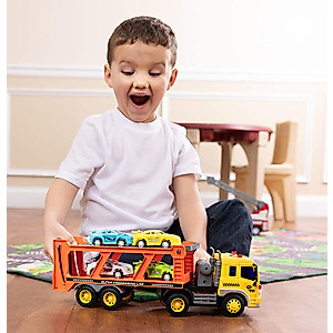 Liberty Imports Friction Powered Transport Car Carrier Truck Kids Toy - Heavy Duty Auto Transporter Trailer with Lights, Sound Effects, and Ramp (Includes 4 Removable Cars)