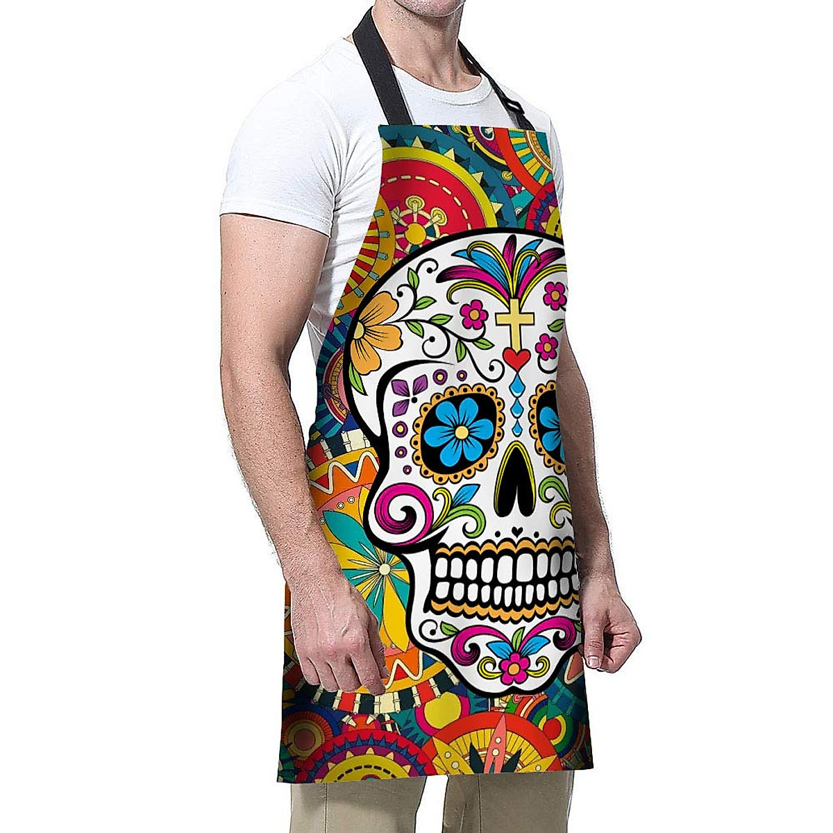 SSOIU Skull Cooking Apron, Art Floral Sugar Skull Kitchen Apron For Baking/BBQ Men Women Unisex Waterproof 31X27 Inches