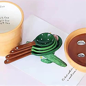 Ceramic Cactus Measuring Spoons and Cups, Cute Measuring Spoons Set in Pot, Cactus Shape Kitchen Decor Small Measuring Spoons (Green)