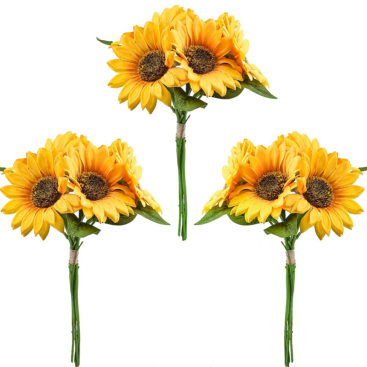 XONOR Artificial Sunflowers Bouquet, 3 Bouquets Artificial Silk Sunflowers with Stems Leaves for Wedding Bridal Party Garden Home Office Decoration