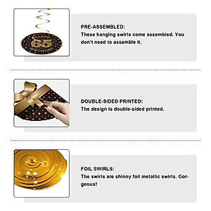 Happy 65th Birthday Party Hanging Swirls Streams Ceiling Decorations, Celebration 65 Foil Hanging Swirls with Cutouts for 65 Years Old Black and Gold Birthday Party Decorations Supplies