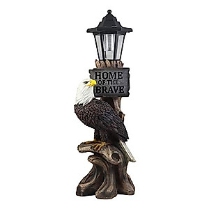 Ebros Home of The Brave Patriotic American Bald Eagle Perching On Tree Stump Garden Courtesy Night Light Statue Solar LED Lantern Lamp Guest Greeter Decor for Patio Poolside Home Figurine