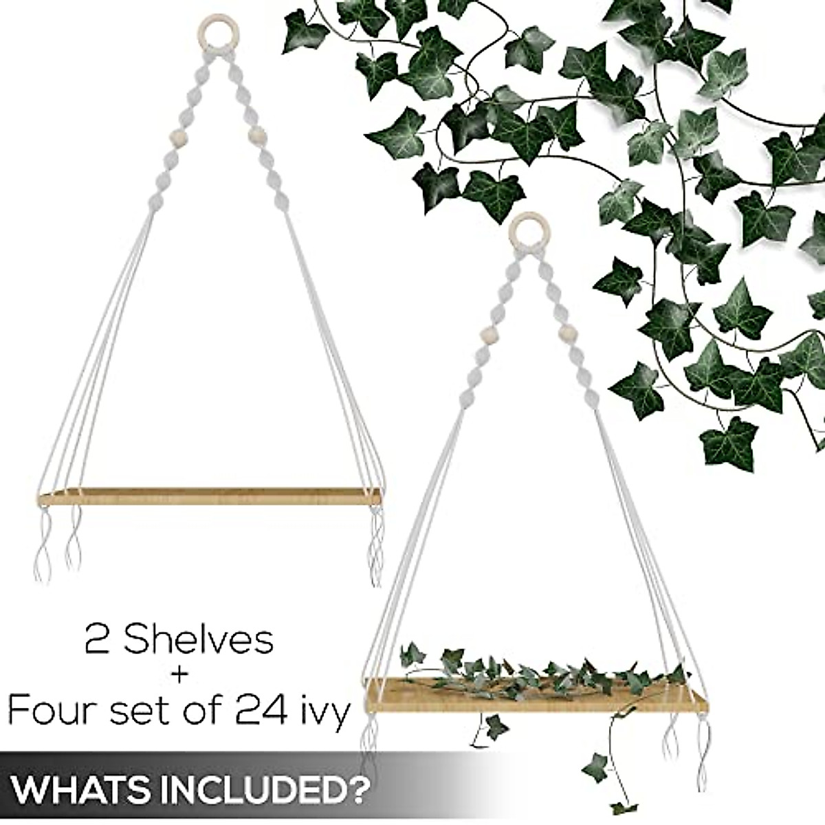 MACOLOGY Macrame Wall Decor-Boho Decor-2 Pack of Shelves with Ivy Plants-Boho Wall Decor-Hanging Shelves for Wall-Room Decor-Wood Shelving-Chic Aesthetic-Wall Shelves for Plants-Bohemian Shelves