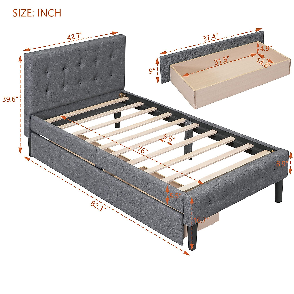 CITYLIGHT Twin Size Upholstered Platform Bed with Headboard and Two Drawers,Linen Wood Twin Bed Frames with Storage for Kids Teens,No Box Spring Needed,Gray