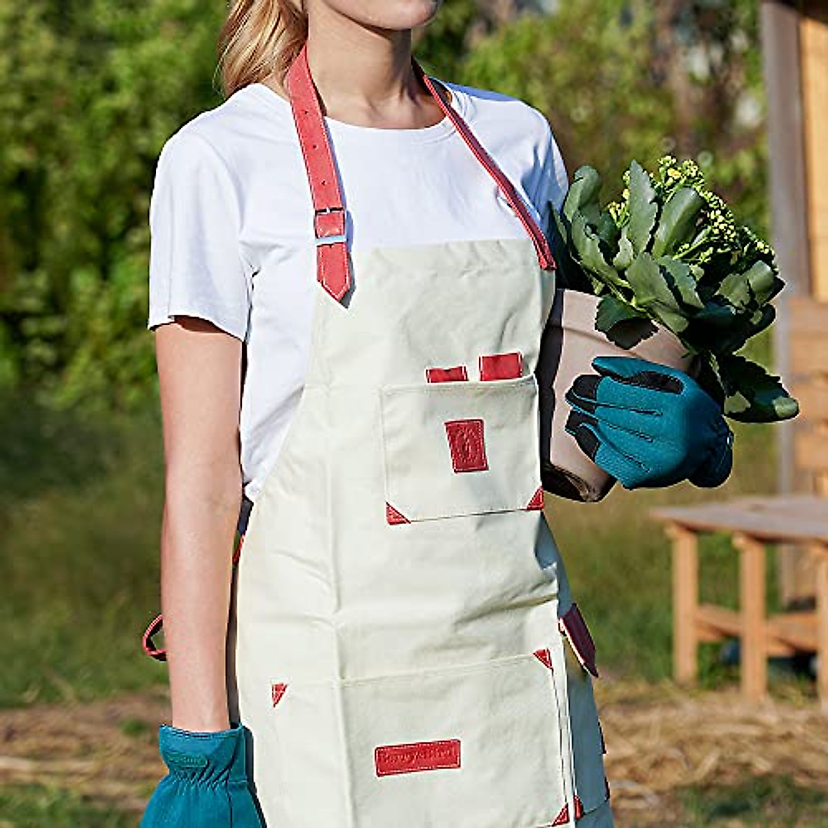 Berry&Bird Canvas Garden Apron with Pockets for Women & Men Waterproof Aprons Adjustable Neck Heavy Duty in Kitchen Cooking Outdoor Gardening