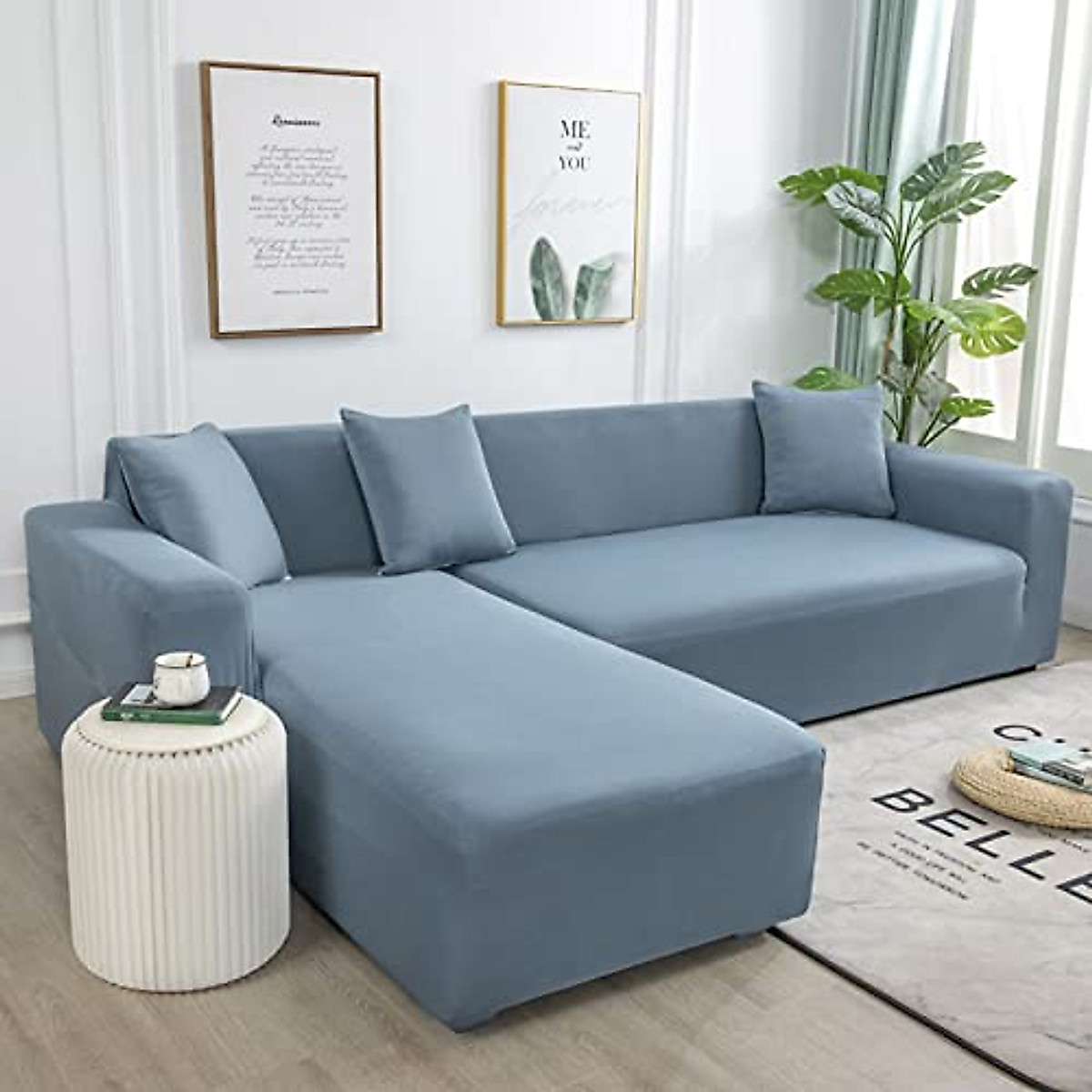 High Stretch Sofa Covers L Shape Sofa Slipcovers Sectional Modern Style Sofa Cover Stylish Solid Color Furniture Protector with Elastic Bottom Non Skid Foam for Living Room -blue-2-4 Seater+4 Seater