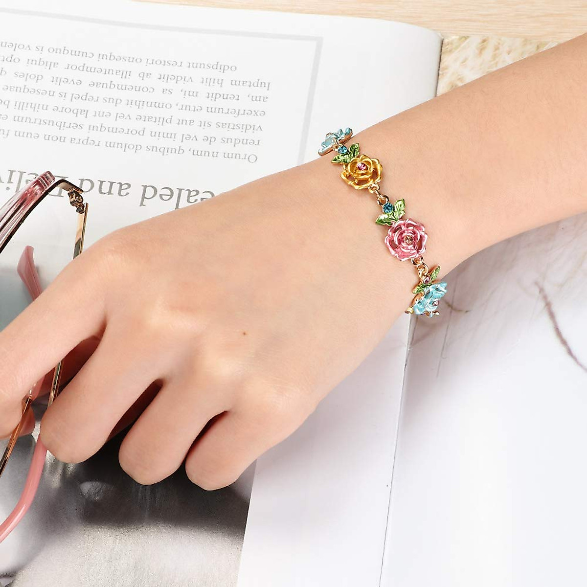 Puadun Elegant Cloisonne Flower and Leaf Bangle Bracelet with Sparkling Rhinestone Charm and Adjustable Extension Chain - Gift for Women, Comes in Gift Box