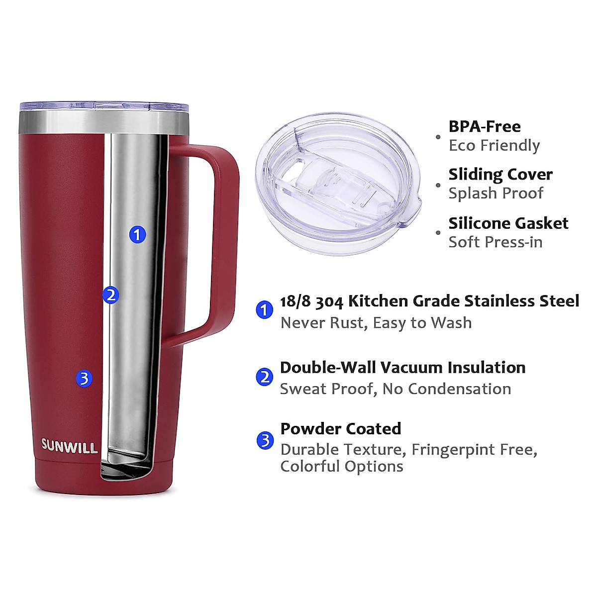 SUNWILL Insulated Coffee Tumbler with Lid, Travel Coffee Mug with Handle 24oz, Double Wall Stainless Steel Tumbler, Thermal Reusable Cup Outdoor, Powder Coated Wine