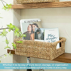 Large Wicker Basket Rectangular with Wooden Handles, Seagrass Basket Storage, Natural Baskets for Organizing, Wicker Baskets for Shelves 15.5 x 10.6 x 5.5 inches