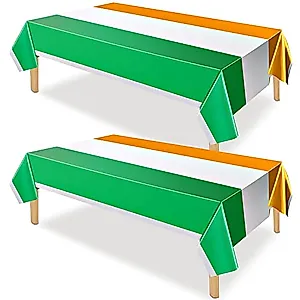 Amylove 2 Pieces Irish Tablecover St Patricks Day Tablecloth 54 x 108 Inch White Orange Green Plastic Tablecloth Lucky Disposable St Patricks Day Table Cover for Irish Day Birthday Party Decorations