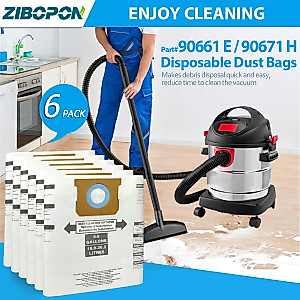 6 Pack 90661 Type E / 90671 Type H Filter Bags Compatible with Shop Vac 5-8 Gallon Wet/Dry Vacuum, Part 9066100 9066133 9067100 9067133