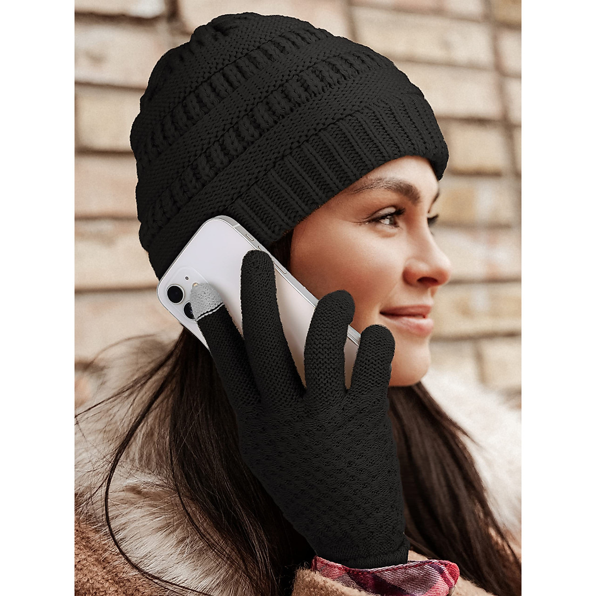 KUTTOR 6 Pieces Winter Knitted Beanie Hats Gloves Set Warm Cozy Skull Ski Cap Touchscreen Knitted Gloves for Women