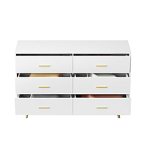 LYNSOM White Dresser for Bedroom, Modern 6 Drawer Dresser with Gold Handles, Wood Chest of Drawers for Kids Bedroom, Living Room