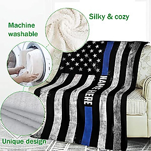 OhaPrints Custom Police Thin Blue Line American Flag Back The Blue Personalized Name Soft Sherpa Throw Blankets Cozy Fuzzy Fleece Throws for Tv Sofa Couch Comfy Fluffy Blanket 30X40 50X60 60X80