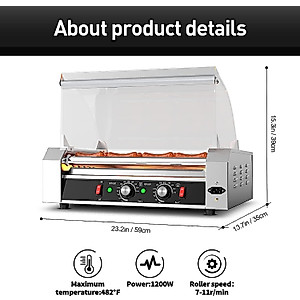 TREEYX 7 Roller Grill Hot Dog Warmers Cooker Machine Stainless Steel with Dual Temp Control, Detachable Acrylic Cover LED