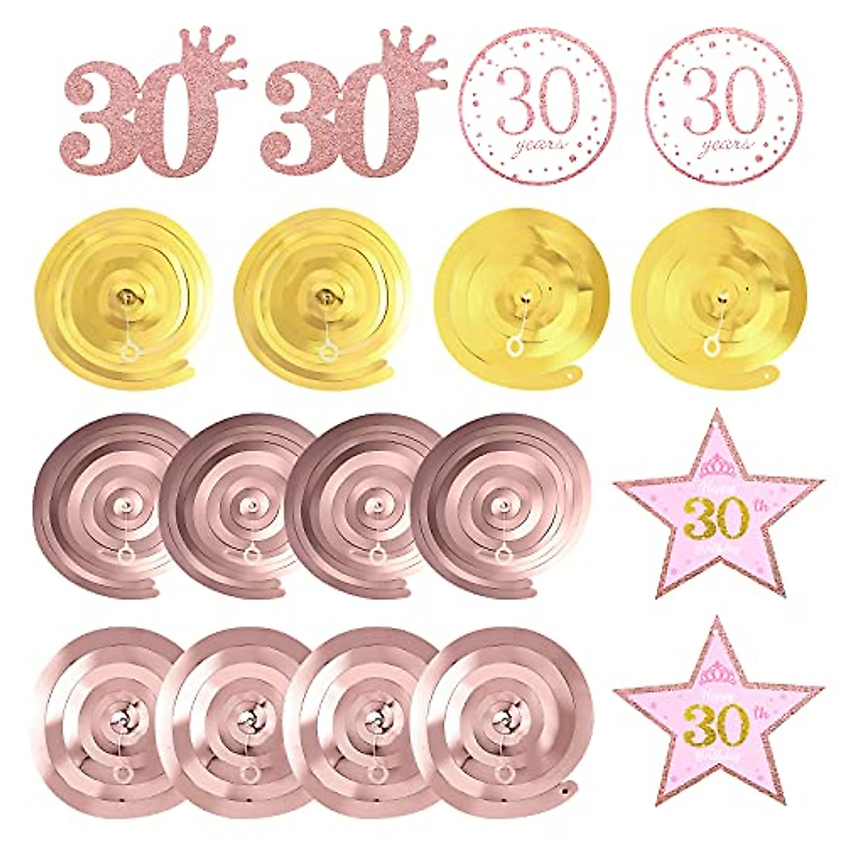 GuoZhiXin Rose Gold 30th Birthday Party Decorations , Rose gold Glittery Happy 30th Birthday Banner,Poms,Sparkling Hanging Swirls Kit for 30th Birthday Party Supplies
