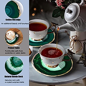 Green Agate Coasters Set of 4,Natural Geode Coasters Agate Slices Gold Rim 4 - 3.5",Gem Coasters for Drink,Decorative Geodestone Coasters for Home Decor, Coasters for Coffee Table